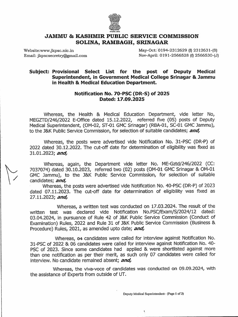 Provisional Selection List For The Post of Deputy Medical ...