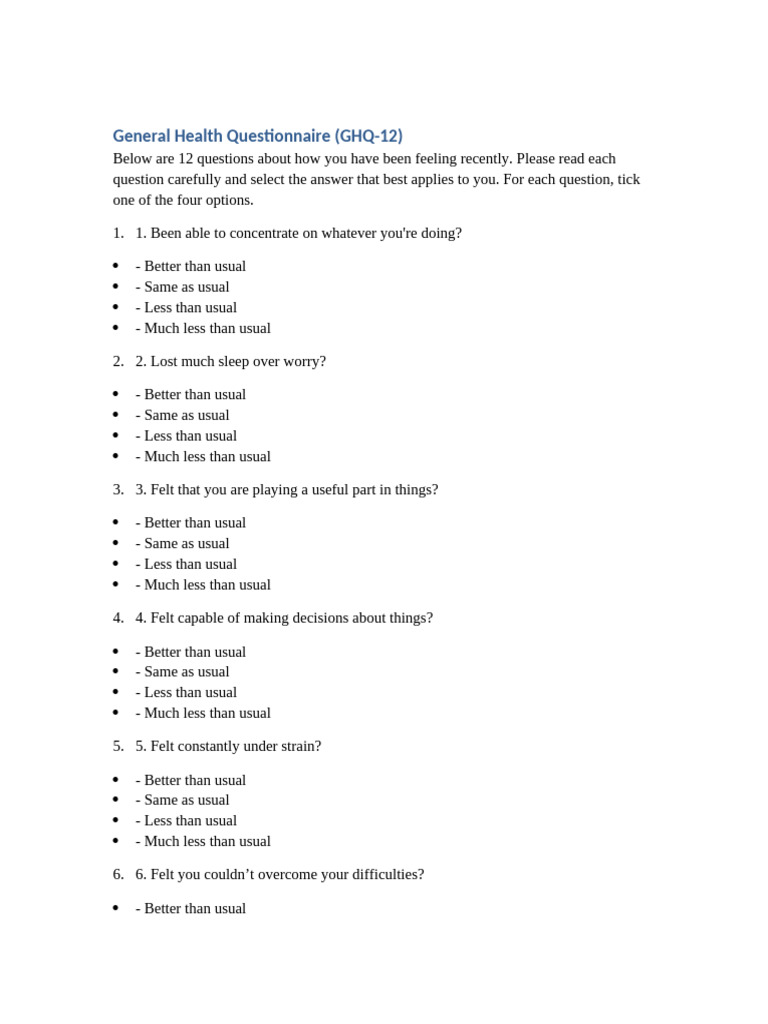 GHQ 12 Questionnaire | PDF