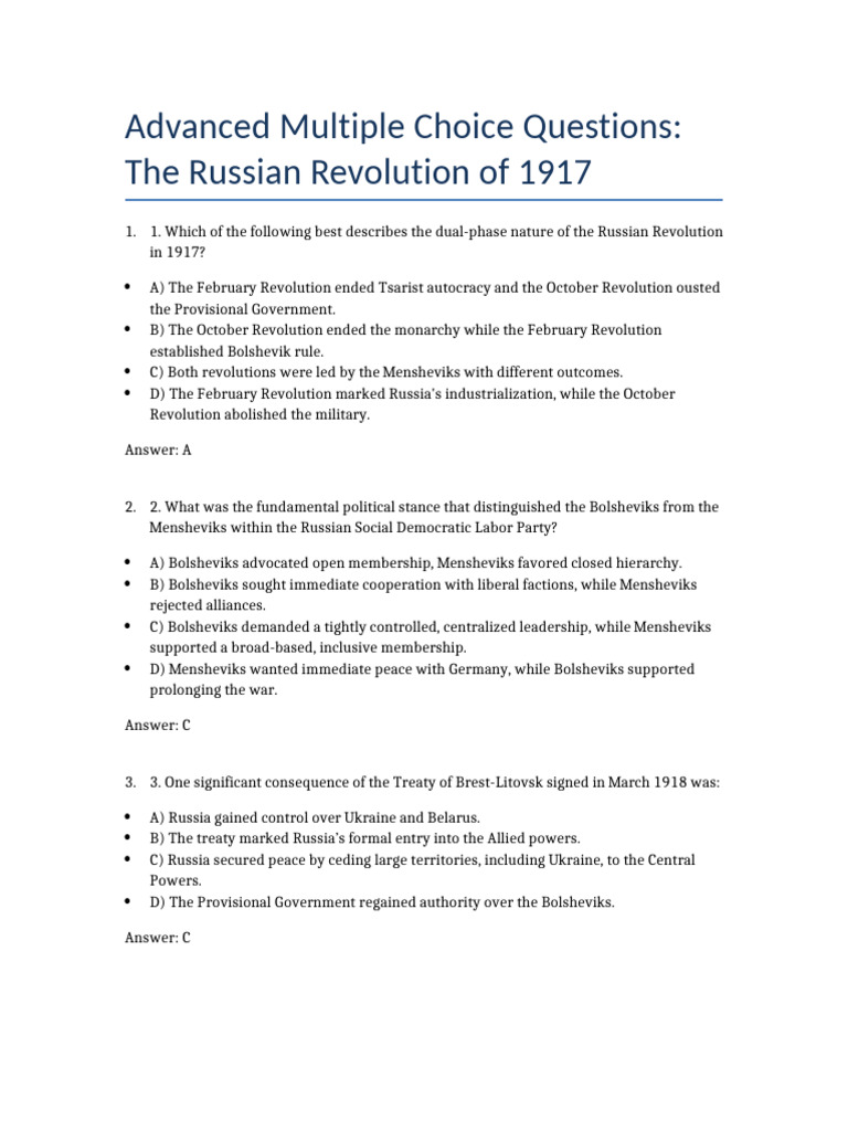 Russian Revolution 30 Advanced MCQs | PDF