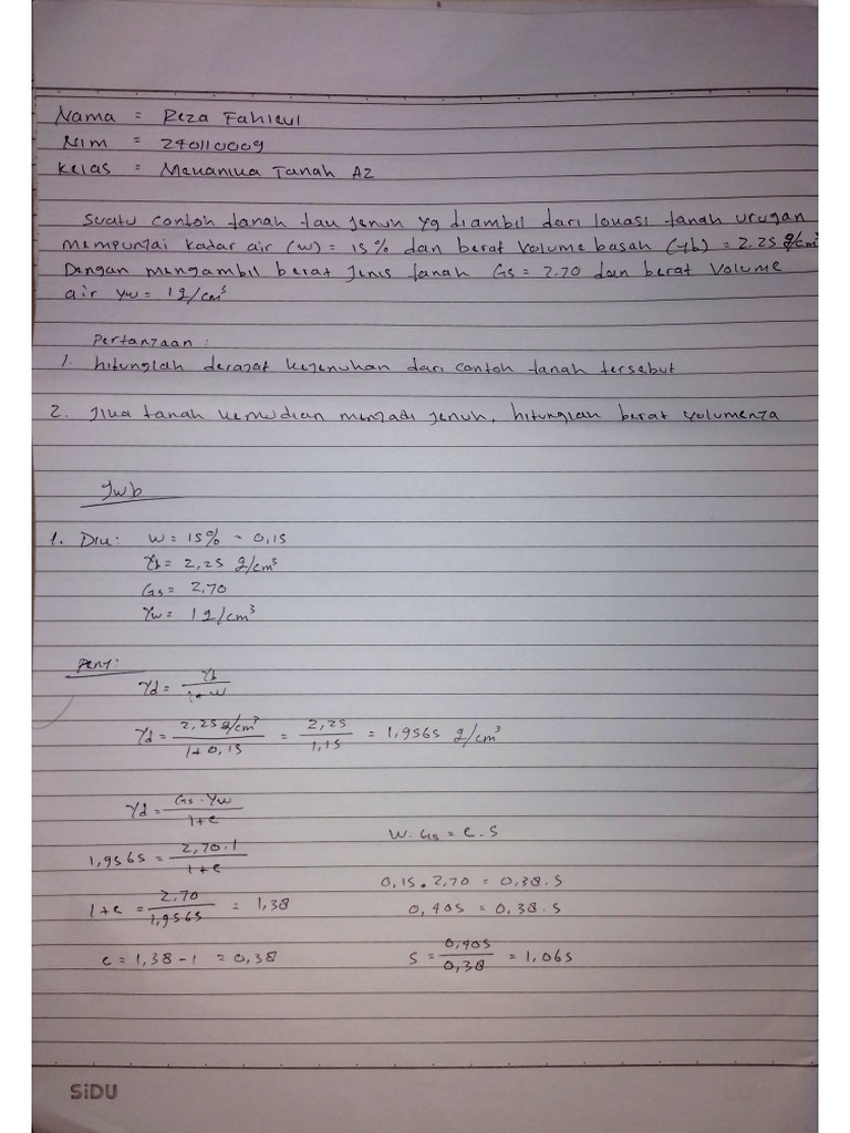 Mekanika Tanah Reza Fahlevi 240110009 A2 | PDF