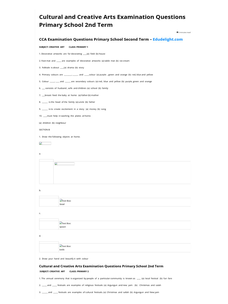 Primary School Creative Arts Exam Questions | PDF