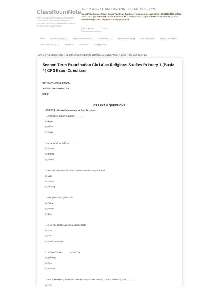 CRS Exam Questions for Primary 1 Term 2 | PDF | Adam | Jesus