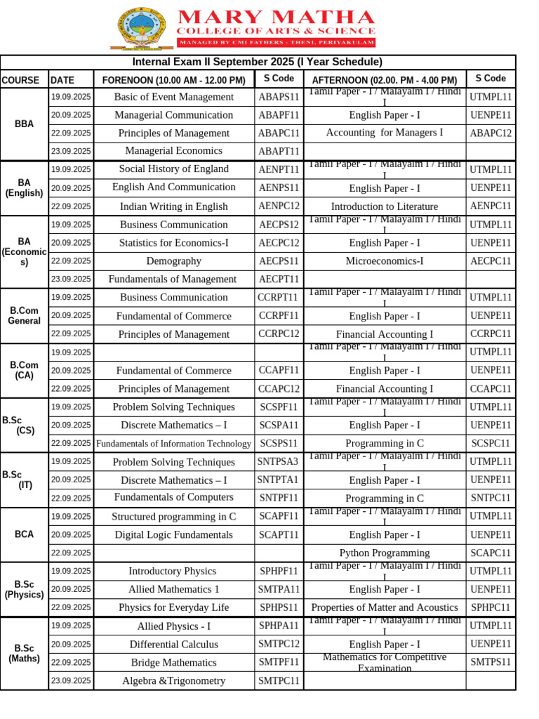 Internal Exam Time Table | PDF | Mathematics | Forensic Science