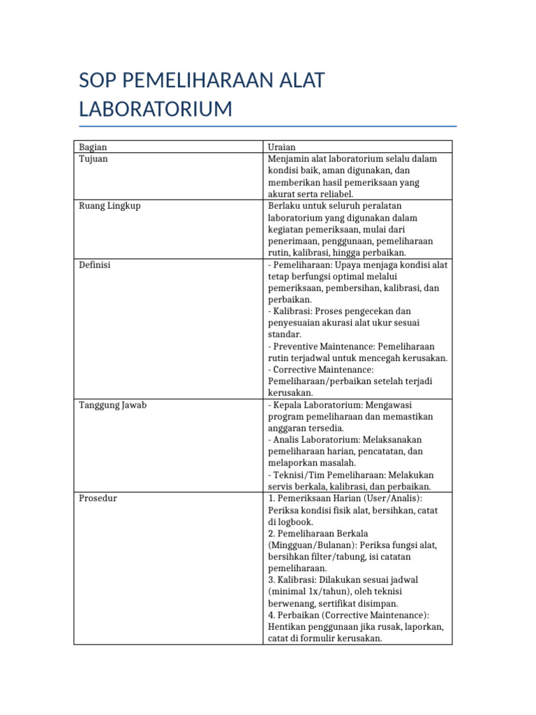 SOP Pemeliharaan Alat Laboratorium | PDF