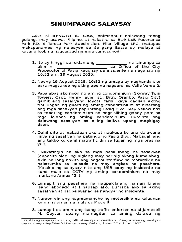 Sinumpaang Salaysay-Renato Gaa | PDF