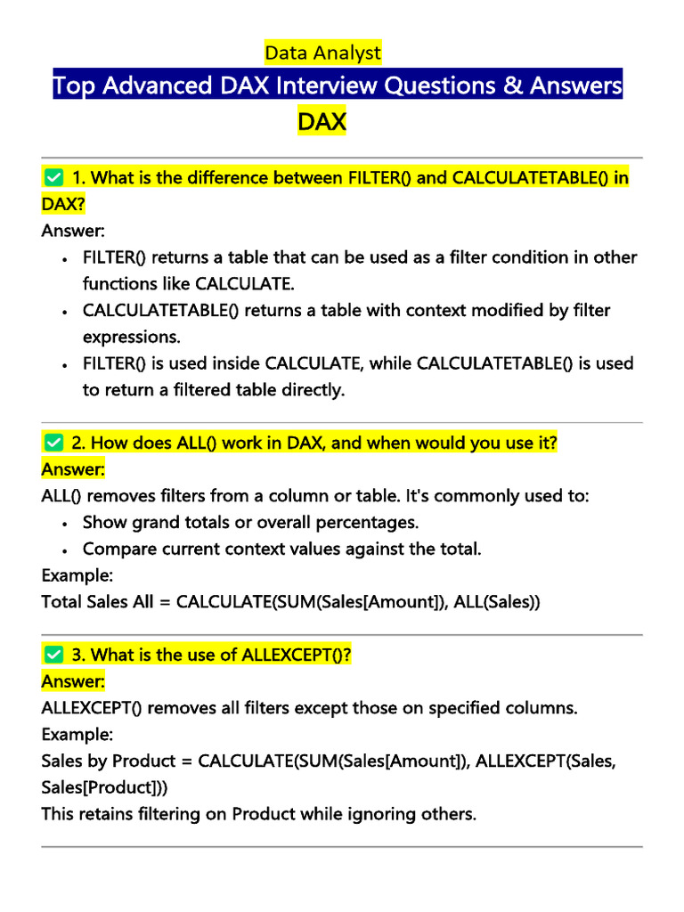 Most Asked 15 Advanced DAX Filter Functions Power BI 1749634817 | PDF