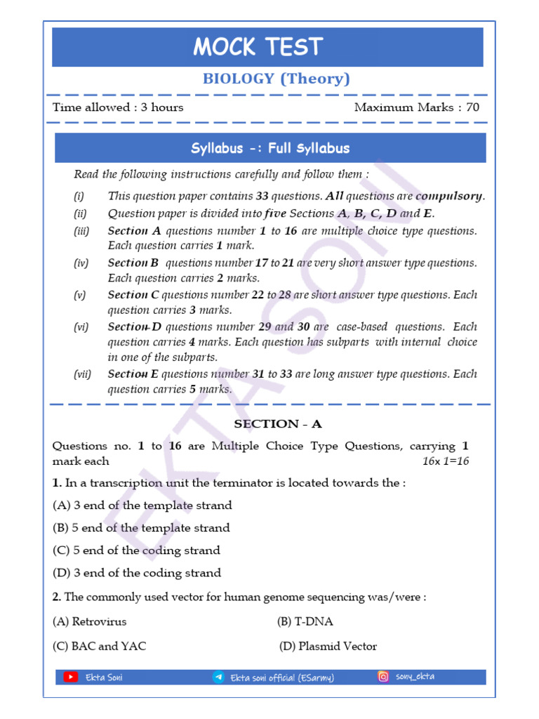 Biology Mock Test Syllabus Overview | PDF | Rna | Cell (Biology)