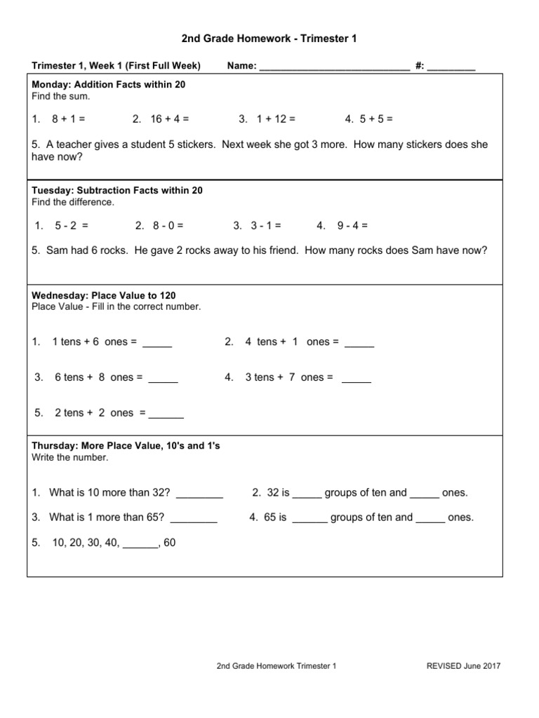 Grade 2 Homework Trimester 1 | PDF | Academic Term