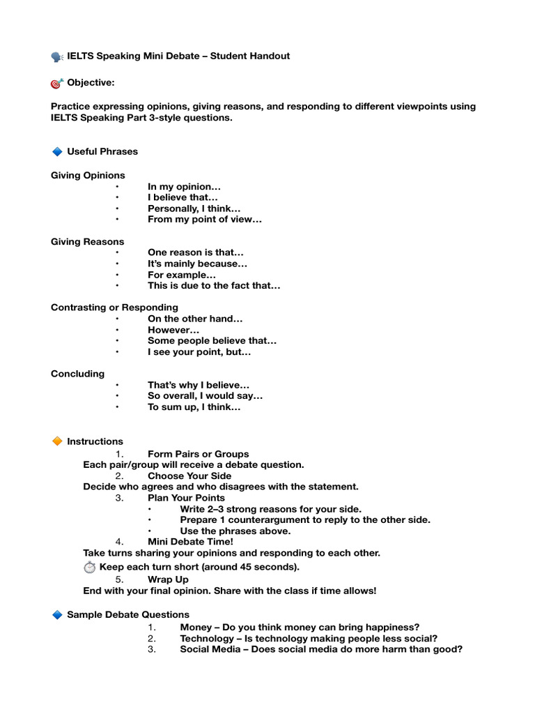 IELTS Speaking Mini Debate Guide | PDF | Chess Openings | Chess Theory