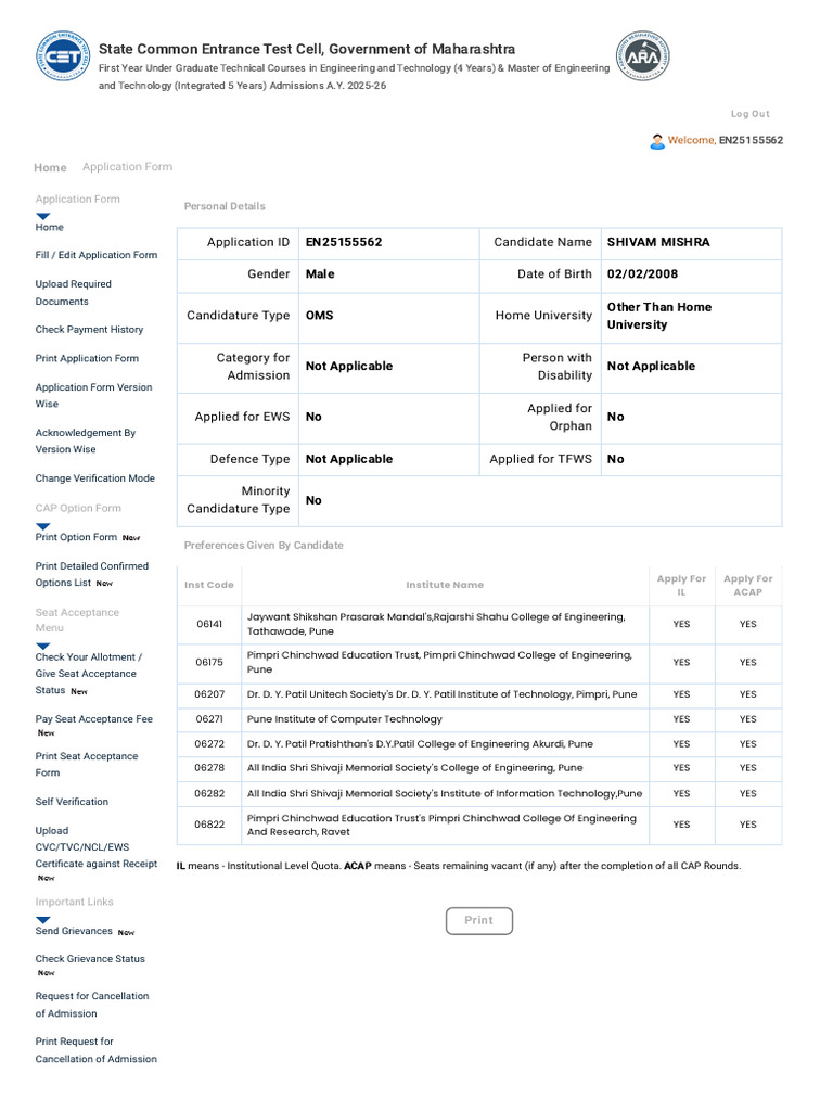 Institutional Level and Acap Round College Option Form | PDF