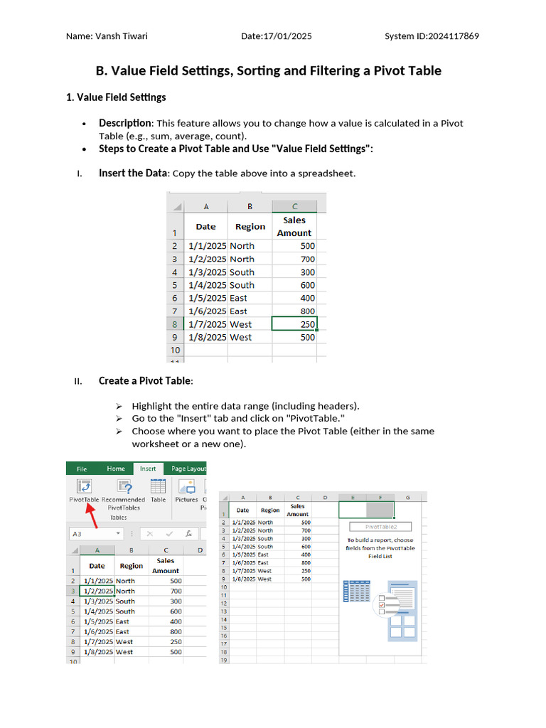 Pivot Table Value Settings & Filtering Guide | PDF | Information ...