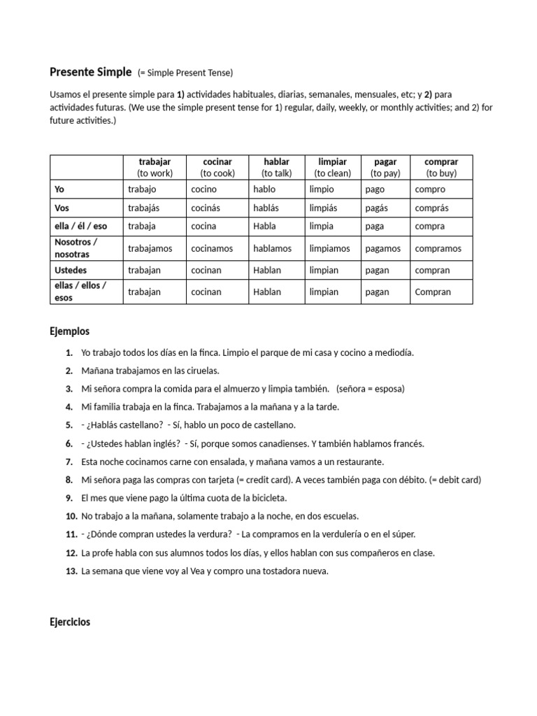 Uso del Presente Simple en Español | PDF