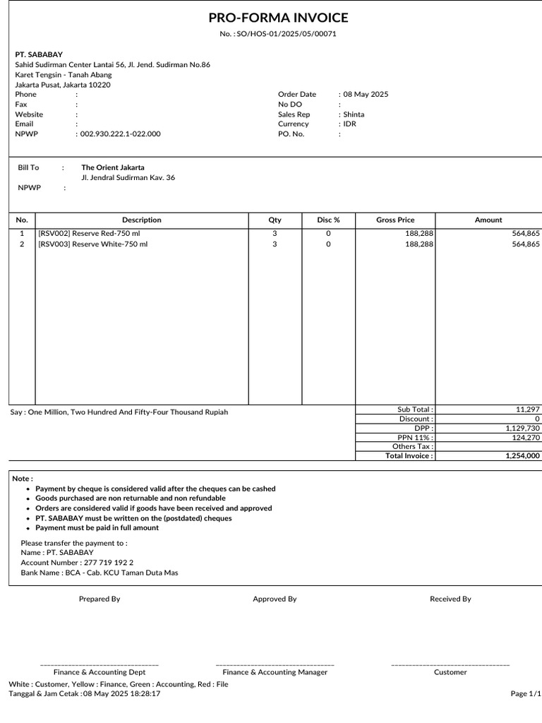 Proforma Invoice - The Orient Jakarta - SO - HOS-01 - 2025!05!00071 ...