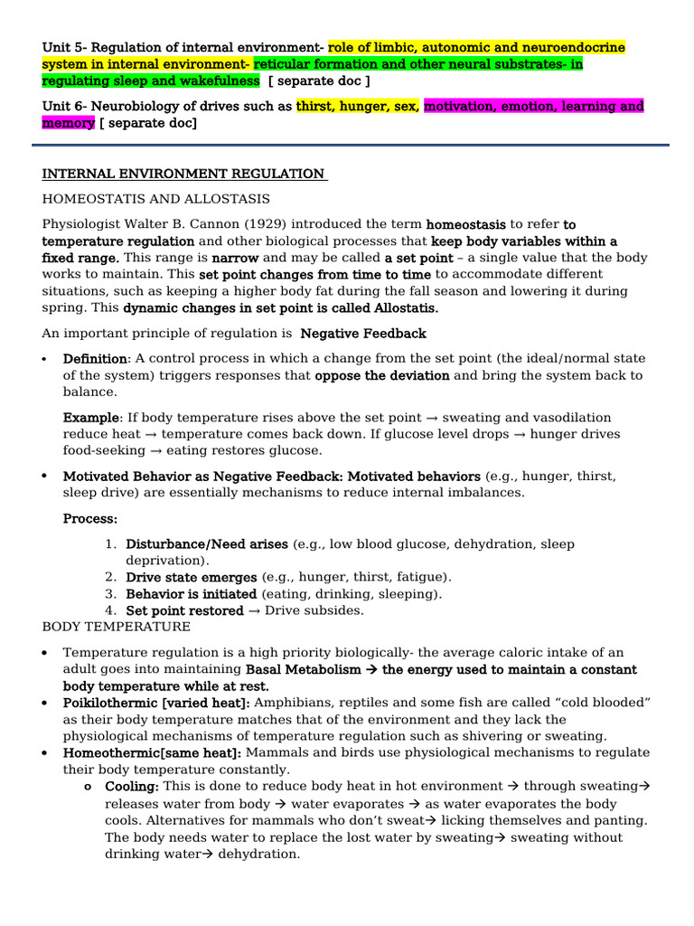 Unit V & VI - Regulation of Internal Environment - Nuerobiology of ...