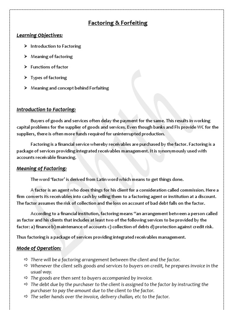 Factoring & Forfeiting: Learning Objectives | PDF | Factoring (Finance ...