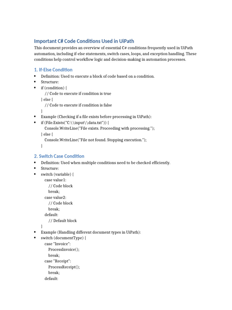 CSharp Conditions UiPath | PDF | C Sharp (Programming Language) | Control Flow