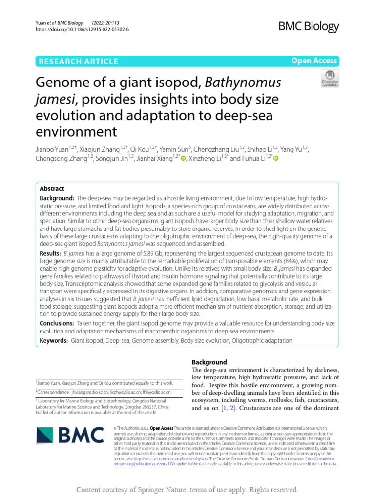 Giant Isopod Genome Insights on Evolution | PDF | Evolution | Deep Sea
