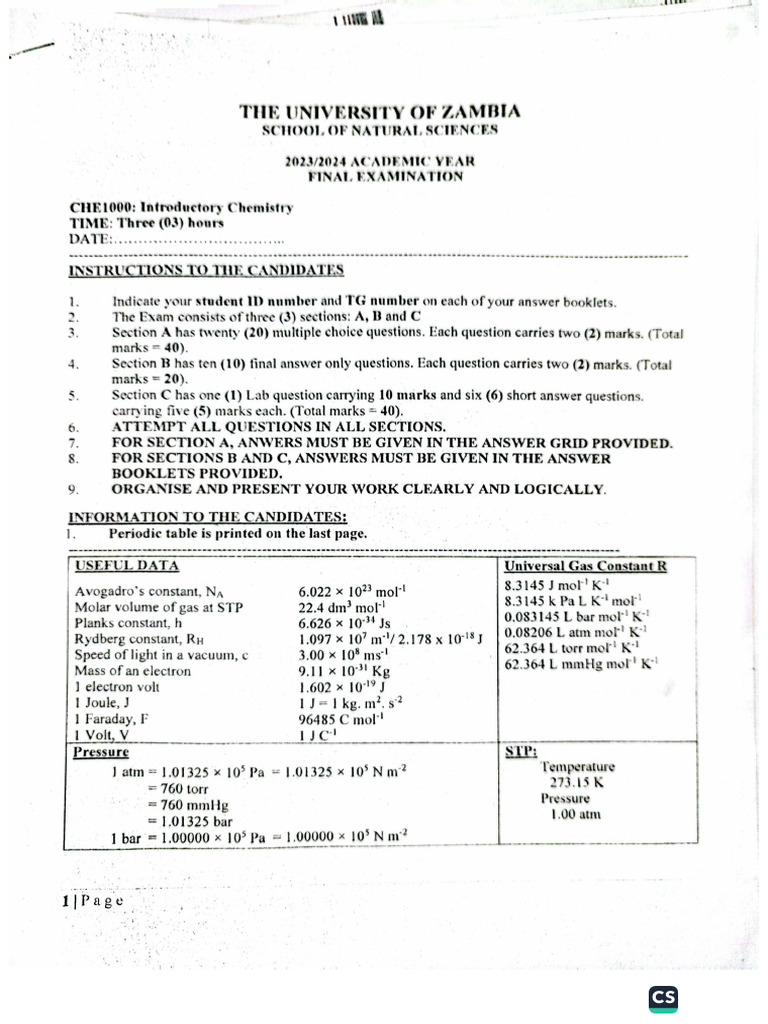 (CHE 1000) 2024 Past Papers | PDF
