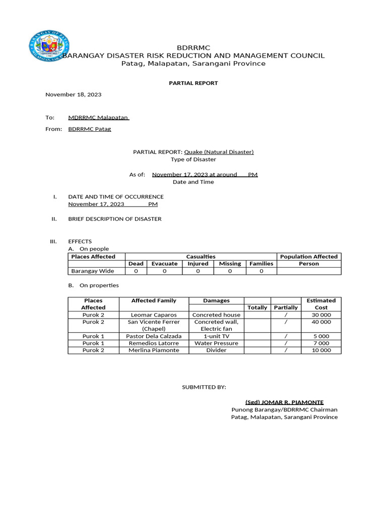 Patag BDRRMC Quake Report 2023 | PDF