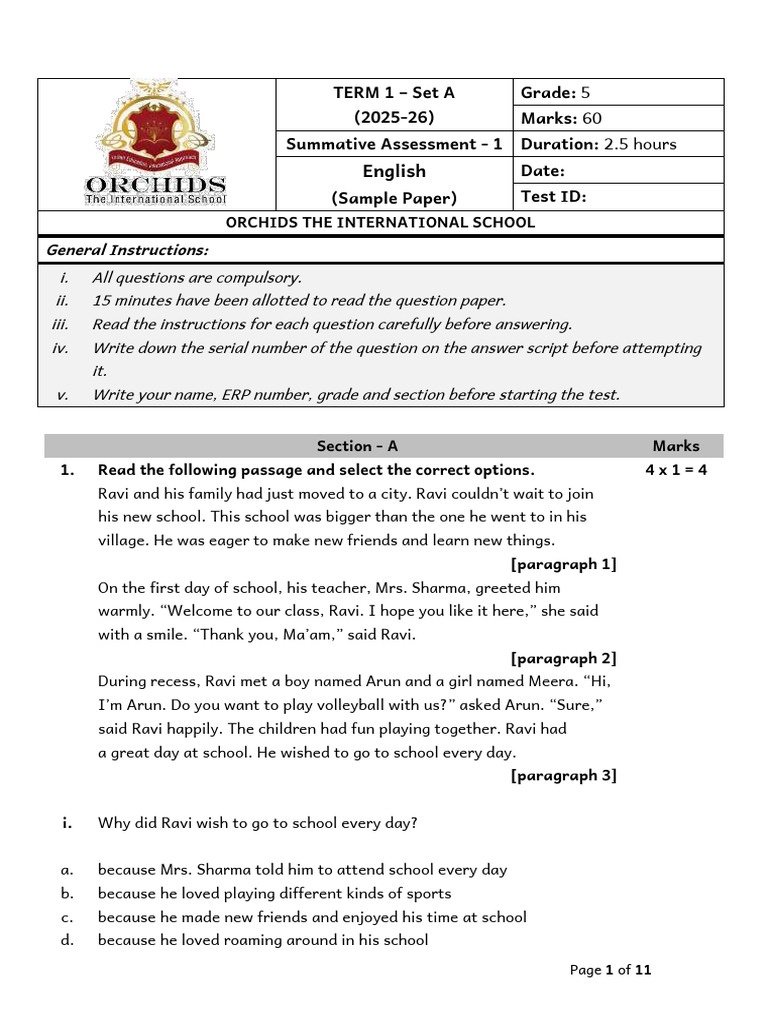 SA1 - T1 - Grade 5 - English - QP - Set A - Sample Paper | PDF | Syntax ...