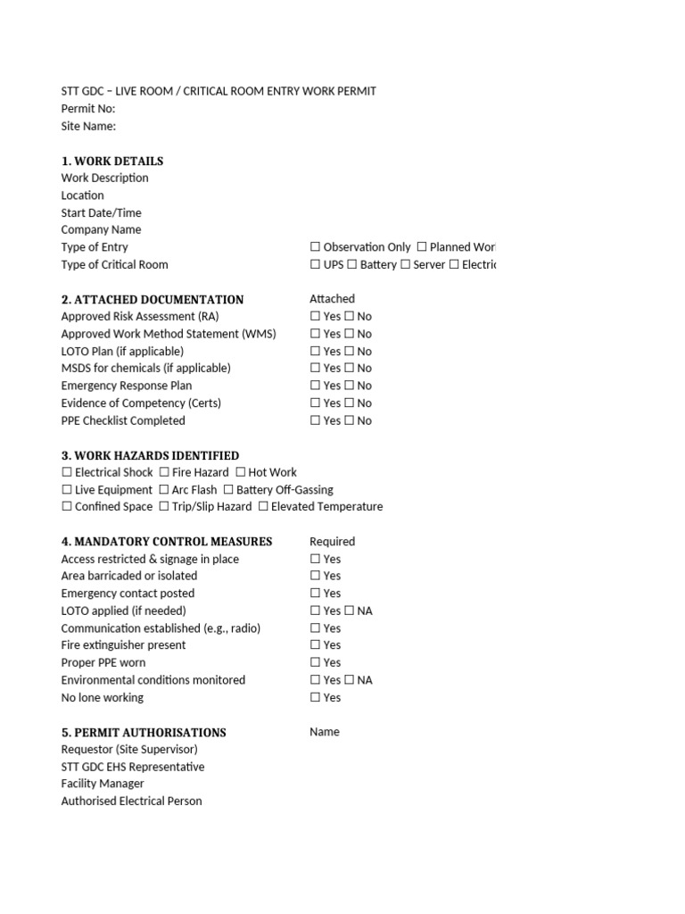 Live Room Critical Entry PTW | PDF | Safety | Labor Relations