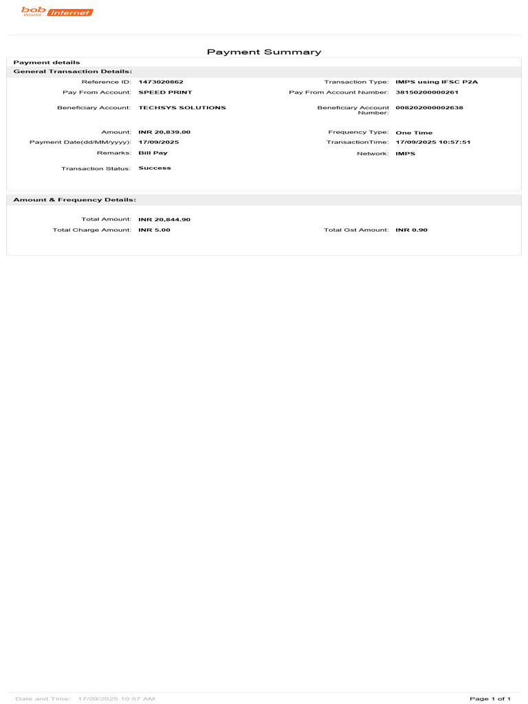 Payment Summary: 1473020862 Imps Using Ifsc P2A Speed Print 38150200000261 | PDF