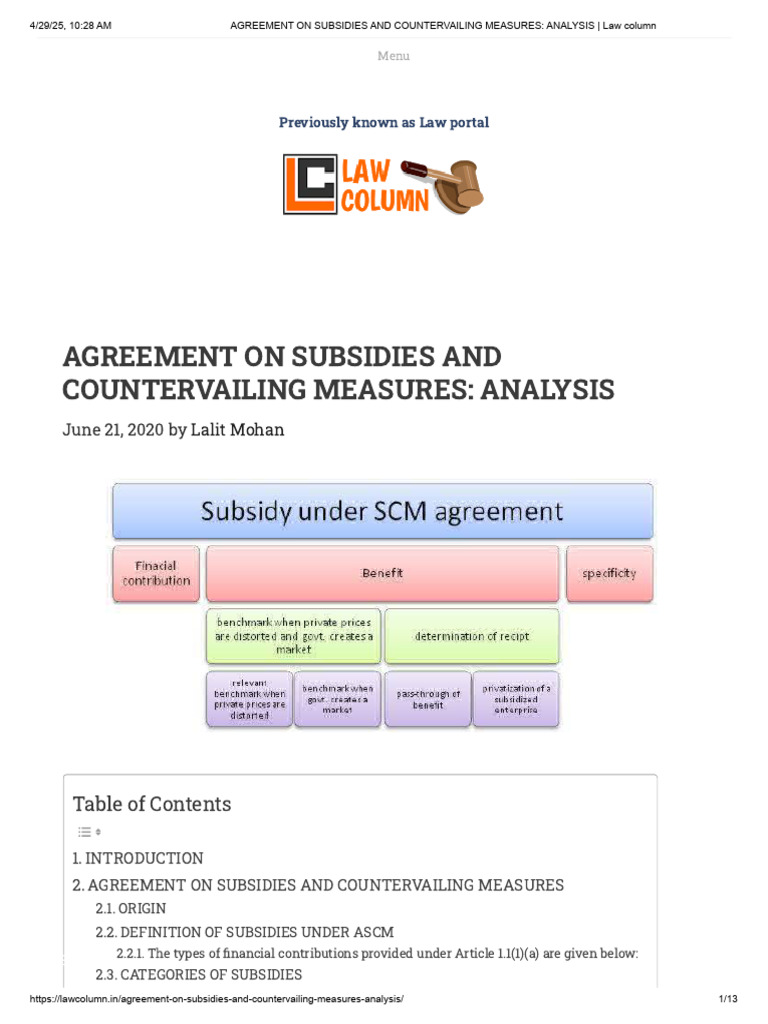 AGREEMENT ON SUBSIDIES AND COUNTERVAILING MEASURES - ANALYSIS - Law ...