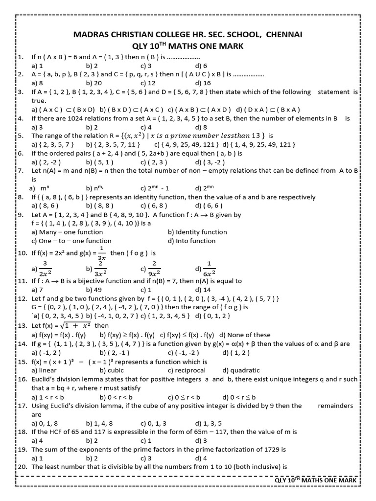 QLY 10th Grade Maths One Mark Questions | PDF | Function (Mathematics ...