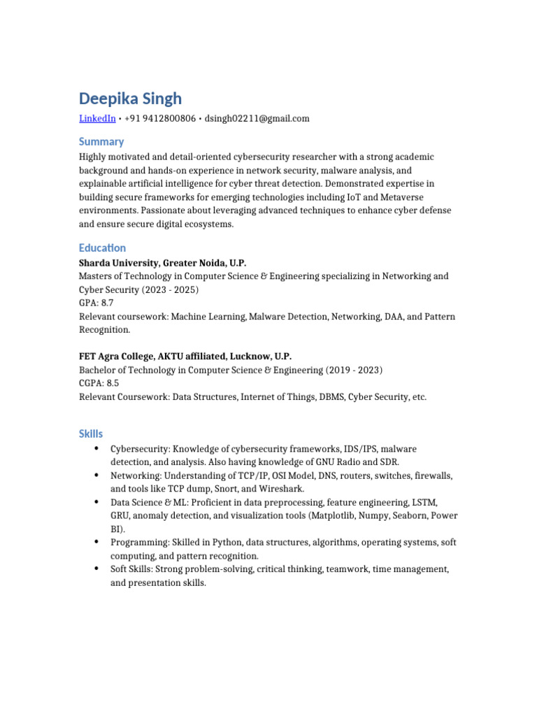 Deepika Singh Resume | PDF | Security | Computer Security