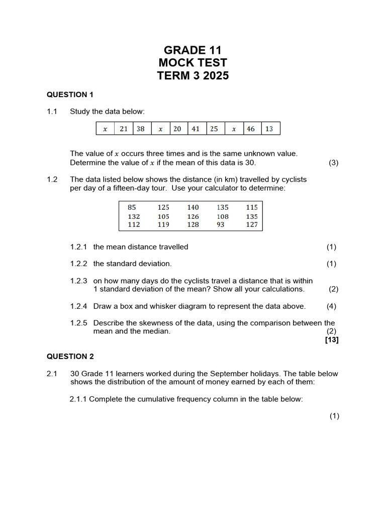 Grade 11 Term 3 Statistics Mock Test | PDF | Mean | Skewness