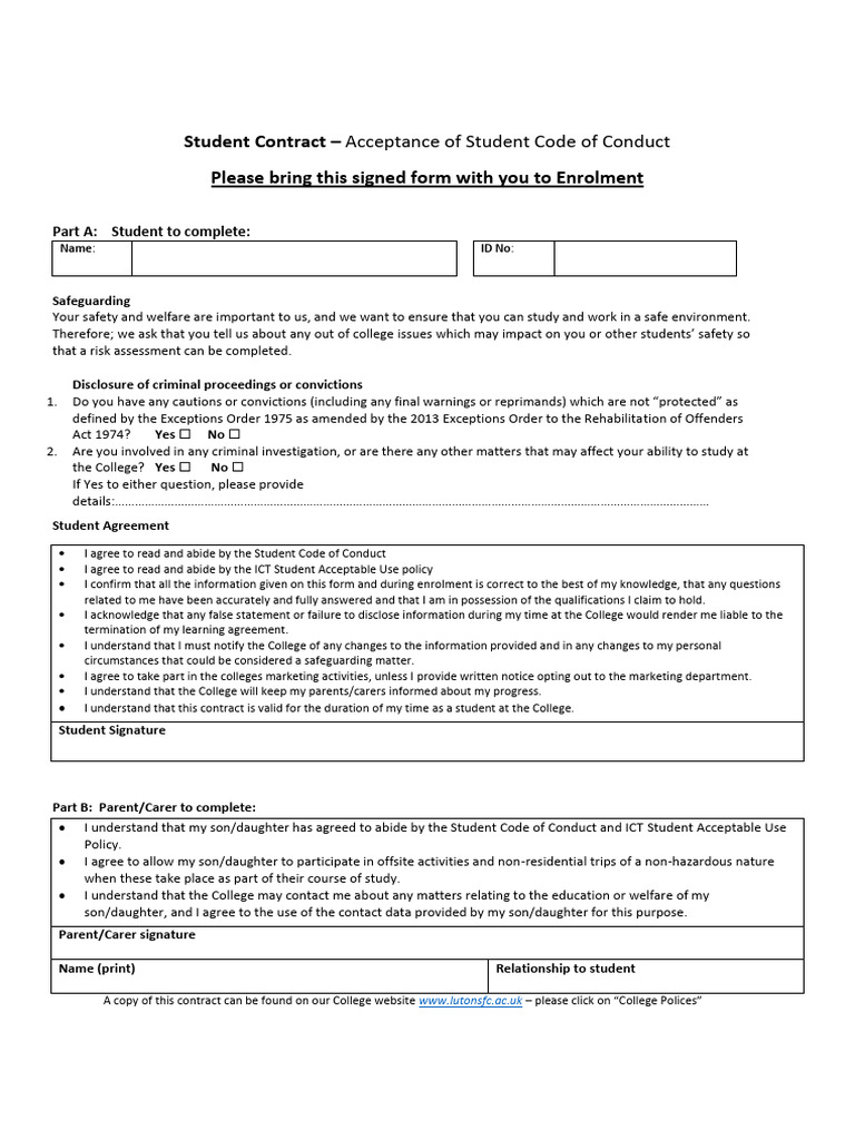 Student Code of Conduct Agreement Form | PDF | Justice | Crime & Violence