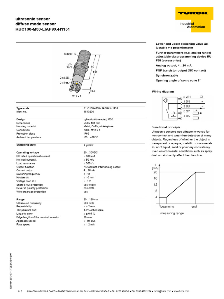 Ultrasonic Sensor Diffuse Mode Sensor RUC130-M30-LIAP8X-H1151 | PDF ...