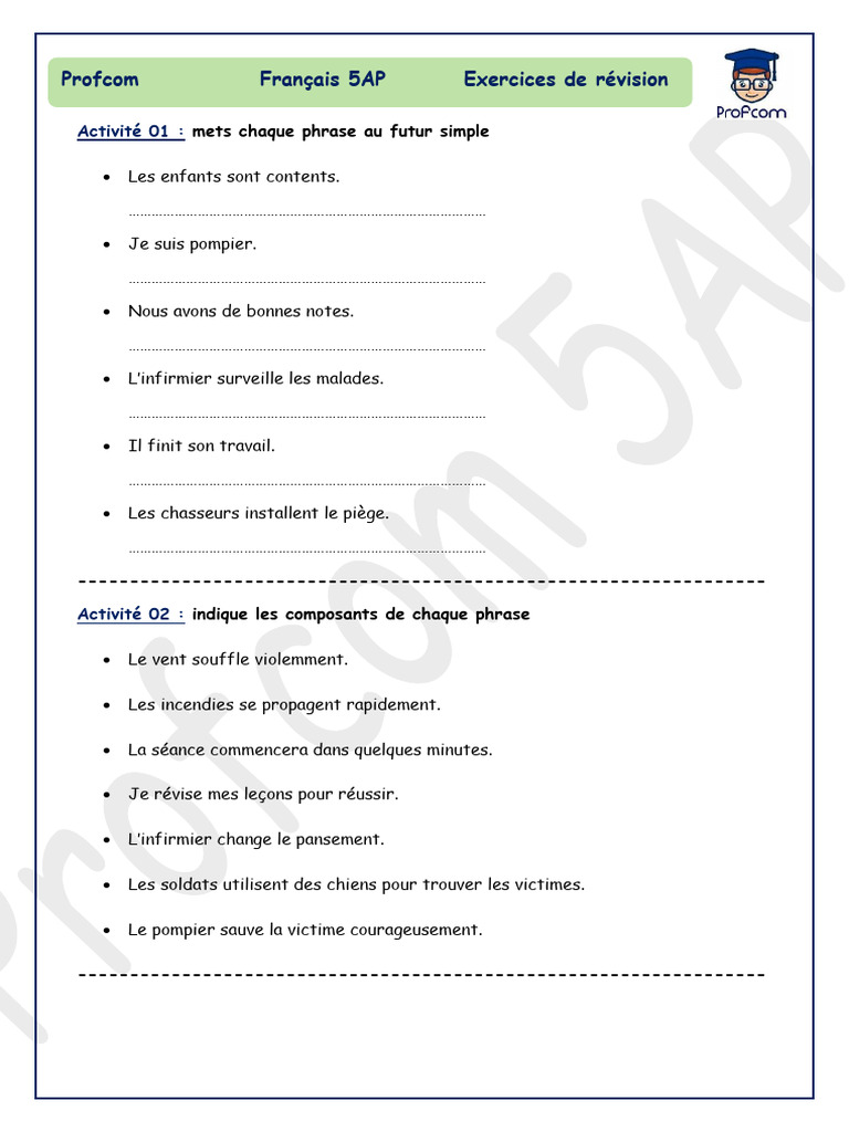 Exercices de révision Français 5AP | PDF
