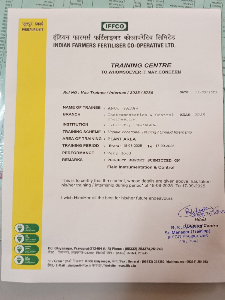 IFFCO Training Certificate | PDF