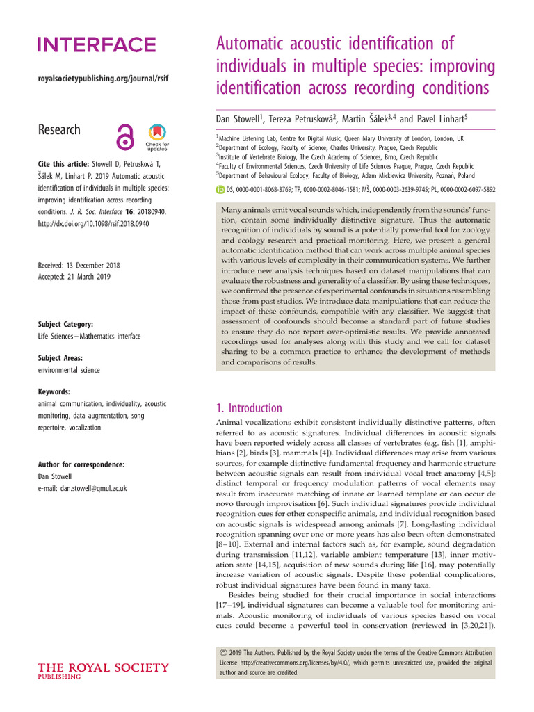 Automatic Acoustic Identification in Animals | PDF | Receiver Operating ...