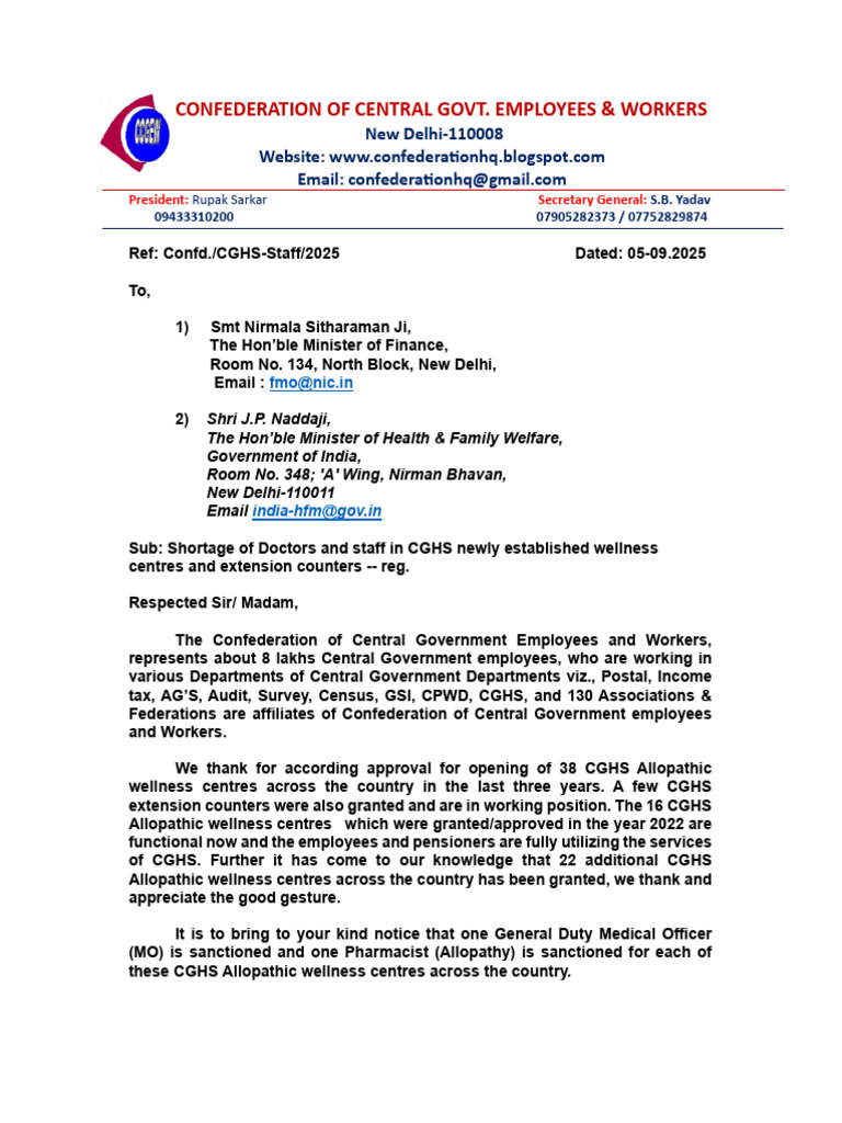 Confd. Letter On CGHS 05.09.2025 | PDF | Social Policy | Medicine