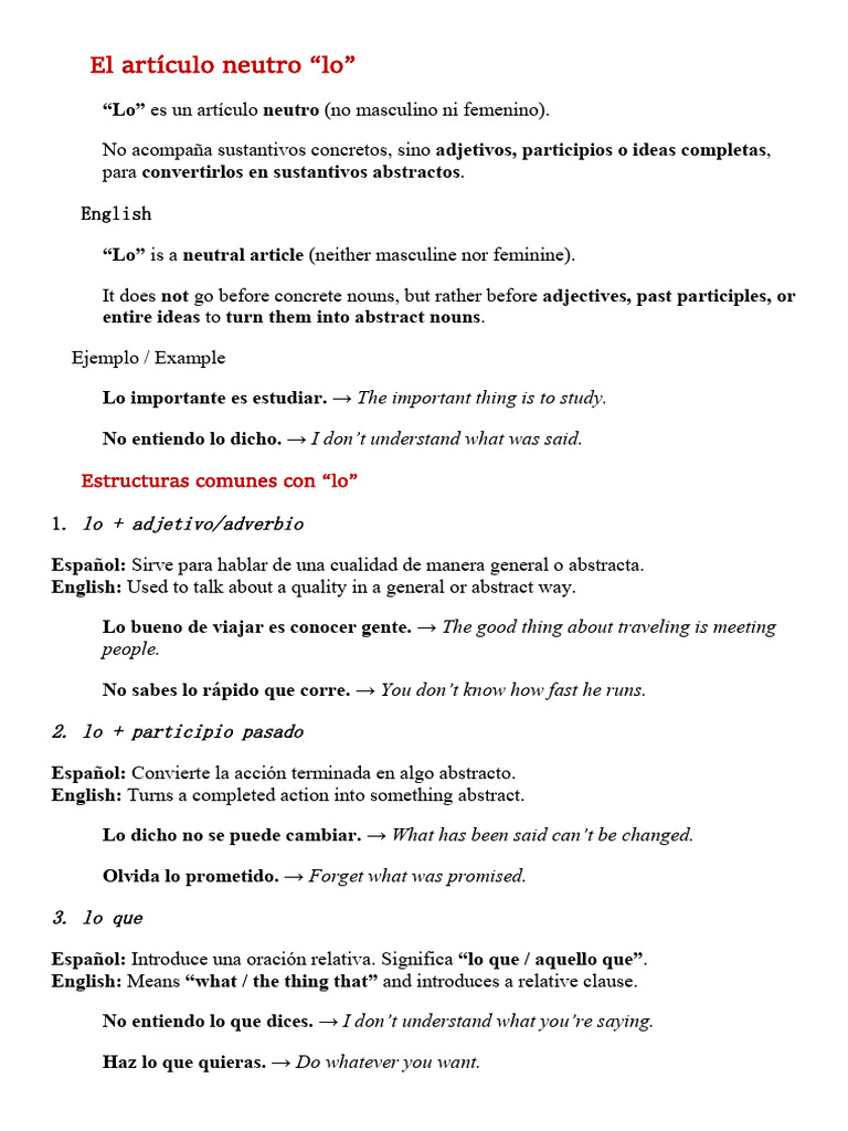 ? El Artículo Neutro - Docx BRIAN | PDF | Morfología Lingüística | Gramática