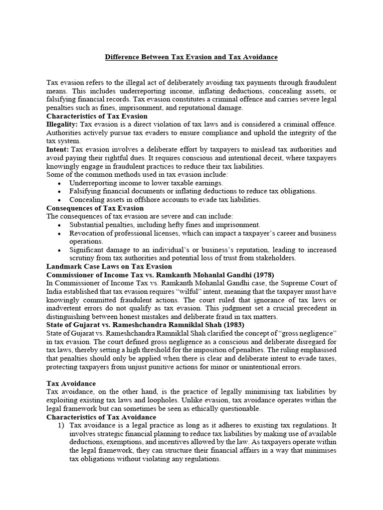 Difference Between Tax Evasion and Tax Avoidance | PDF | Tax Avoidance ...