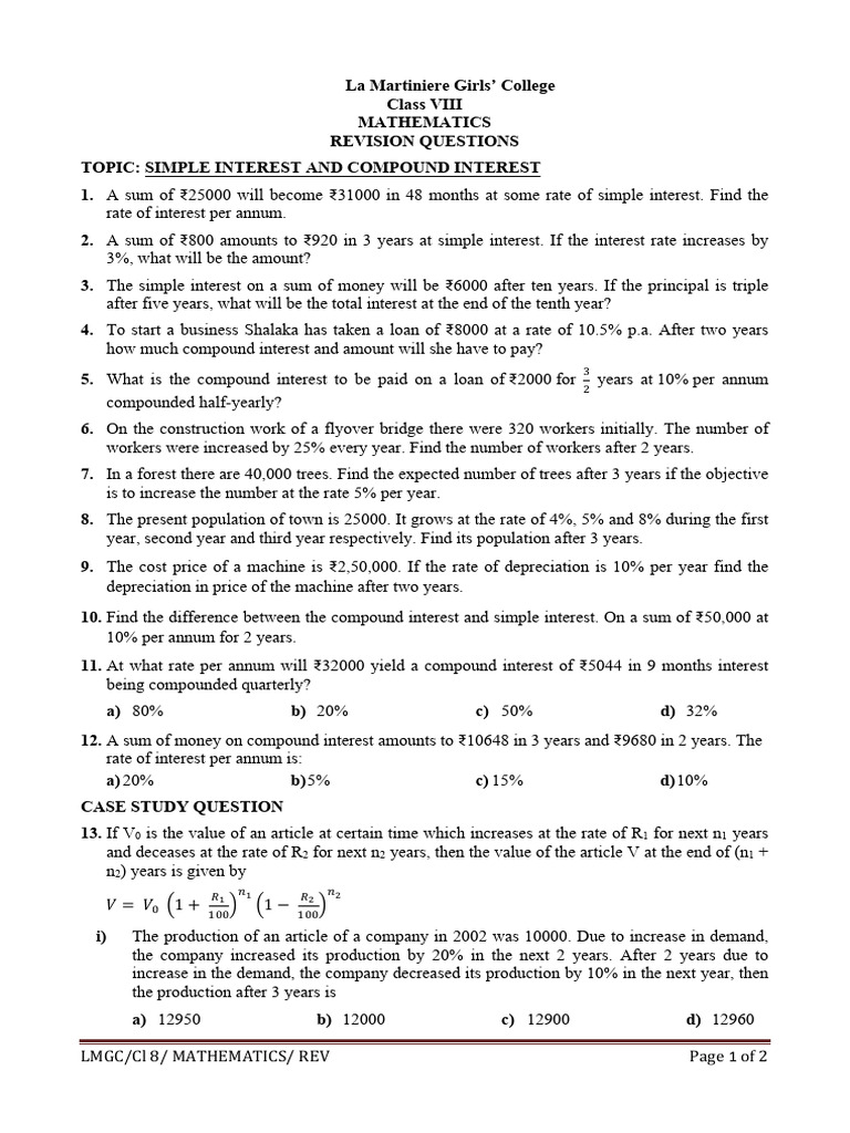 Simple Interest and Compound Interest Revision Questions SKR | PDF ...