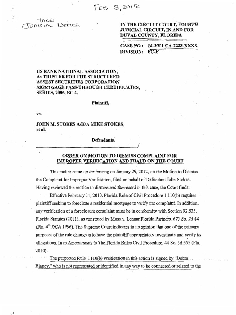 Order on Motion to Dismiss Complaint for Improper Verification and ...