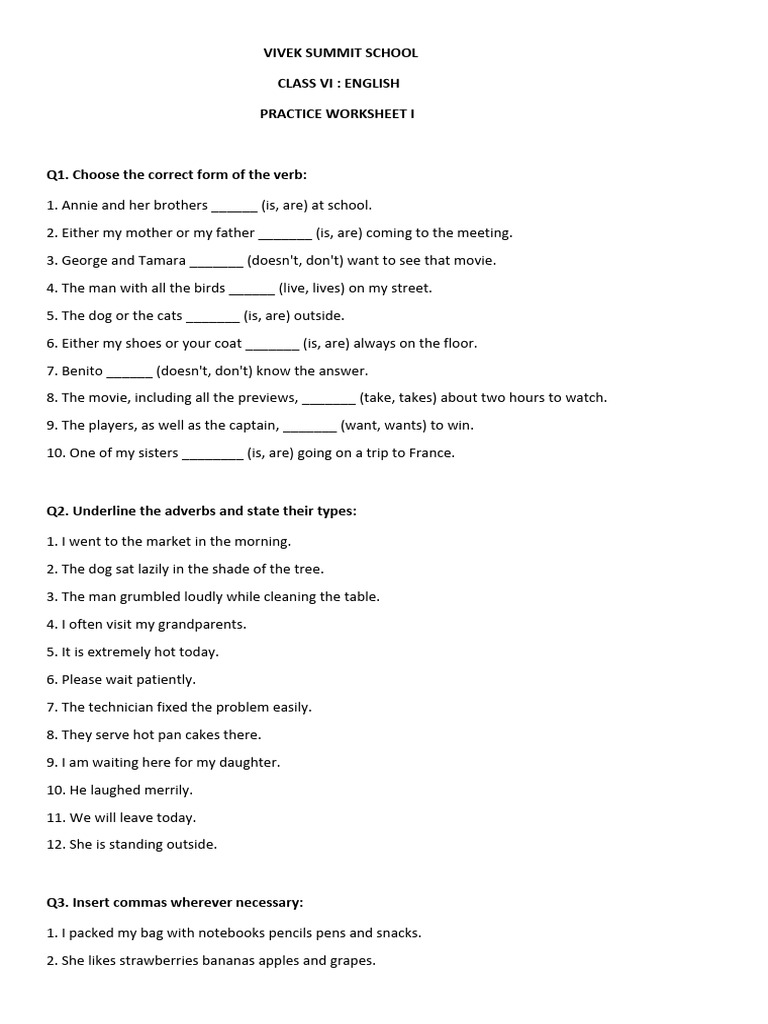 Class Vi - English Practice Worksheet I | PDF