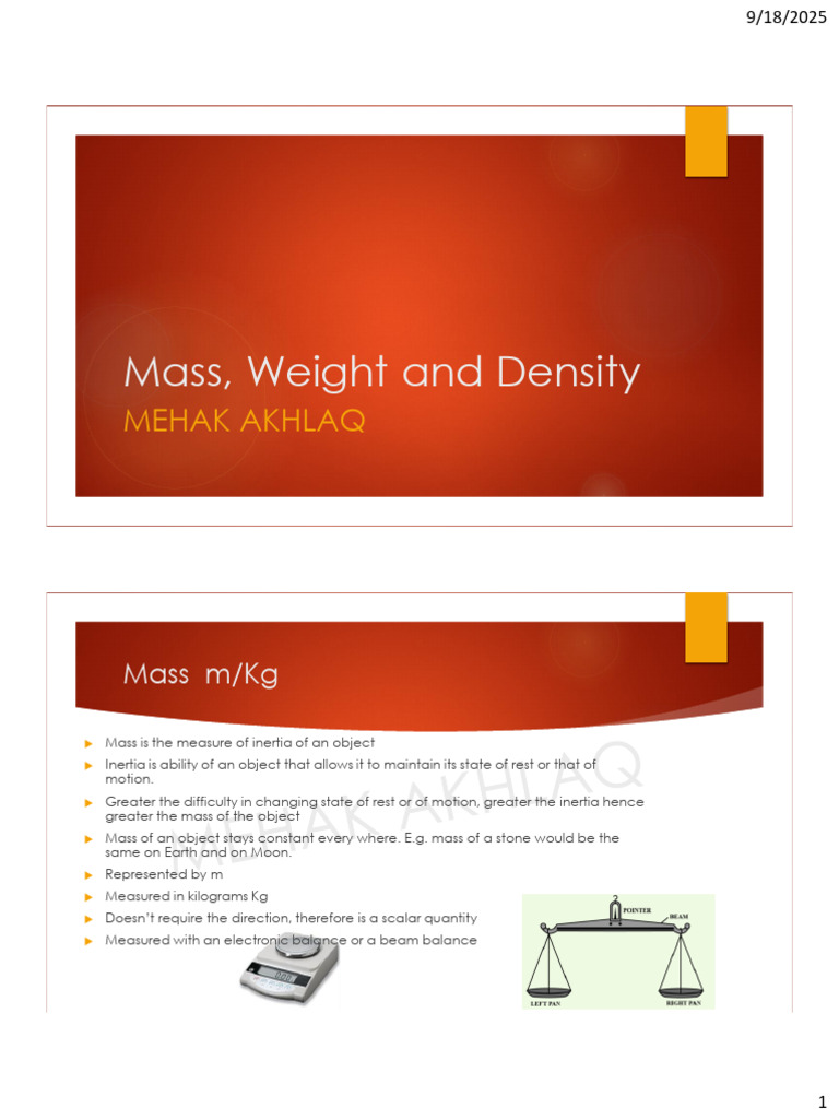 Mass, Weight, Density, and Volume Explained | PDF | Weight | Force