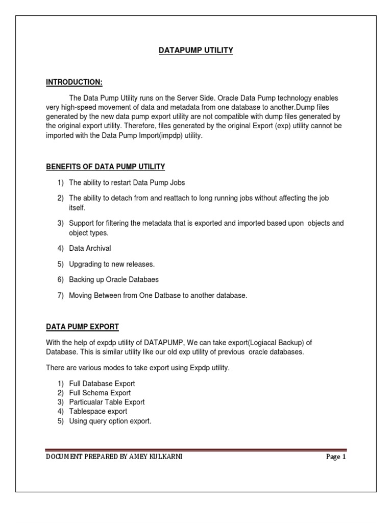 Datapump Utility: Document Prepared by Amey Kulkarni | PDF | Oracle Database | Databases
