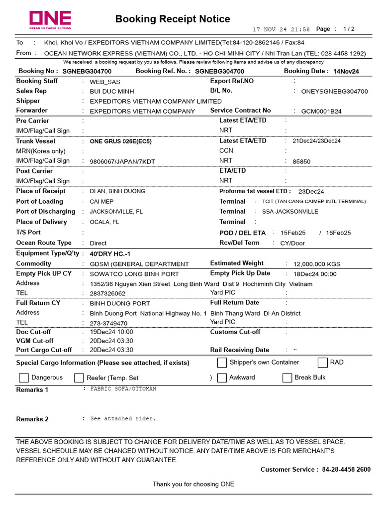Booking Receipt Notice: ONE GRUS 026E (EC5) 21Dec24/23Dec24 | PDF ...