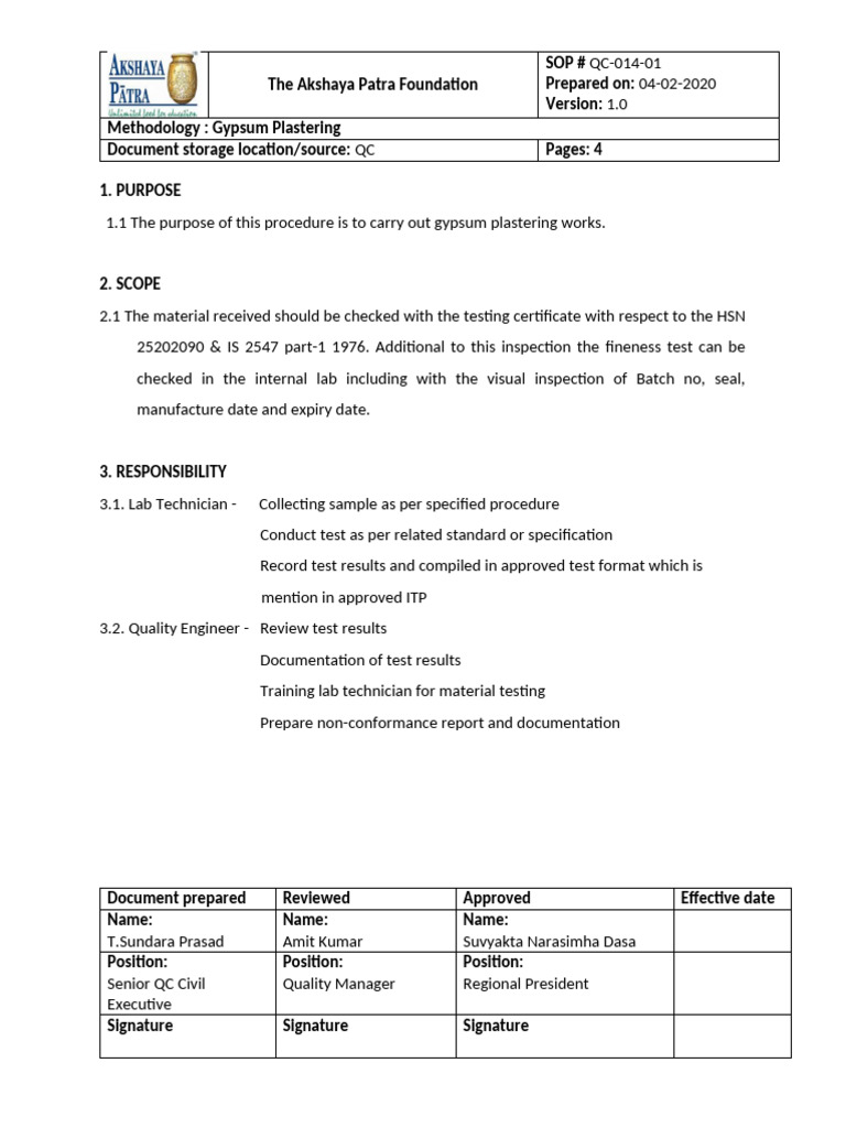 Gypsum Plastering SOP for Quality Control | PDF | Plaster | Concrete