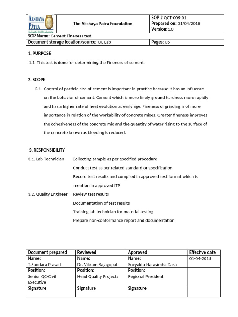Cement Fineness Test SOP Document | PDF | Concrete | Cement