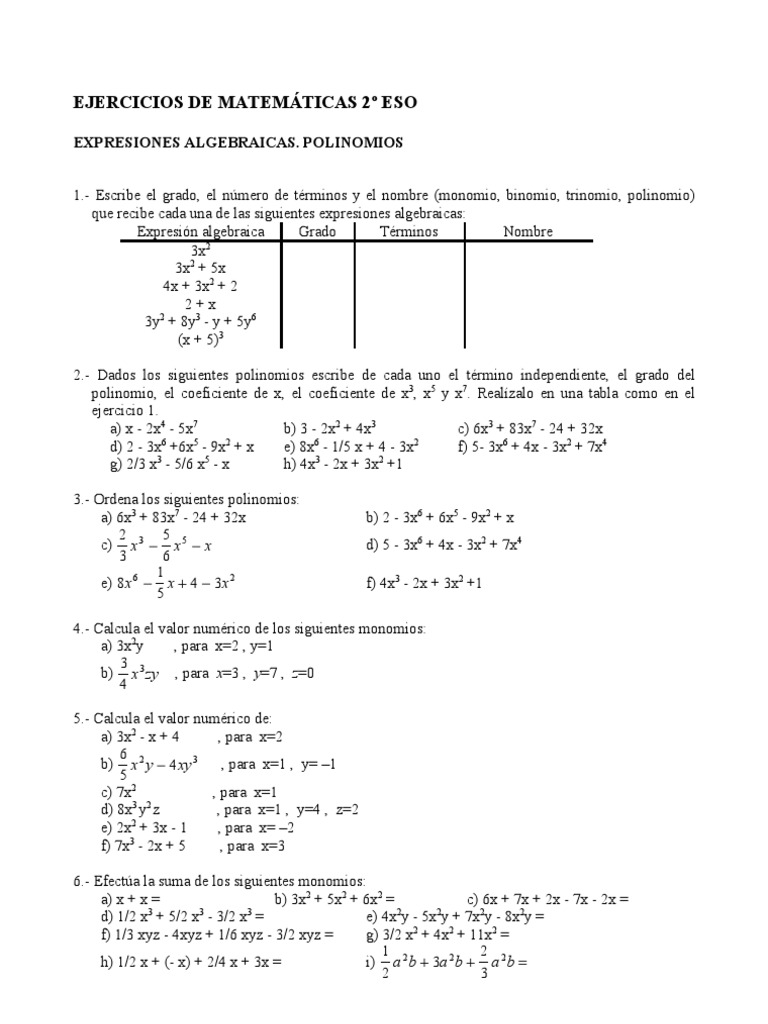 Ejer Mate 2º - Polinomios | PDF | Matemáticas De La Computación | Notación Matemática