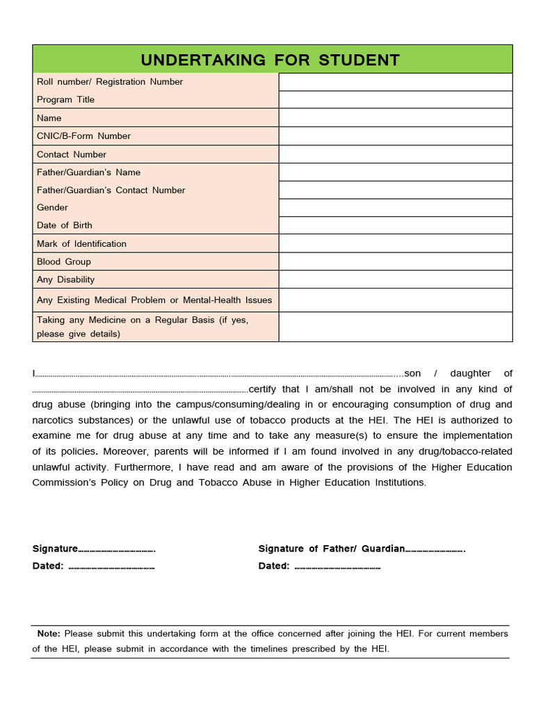 Student Drug and Tobacco Policy Undertaking | PDF