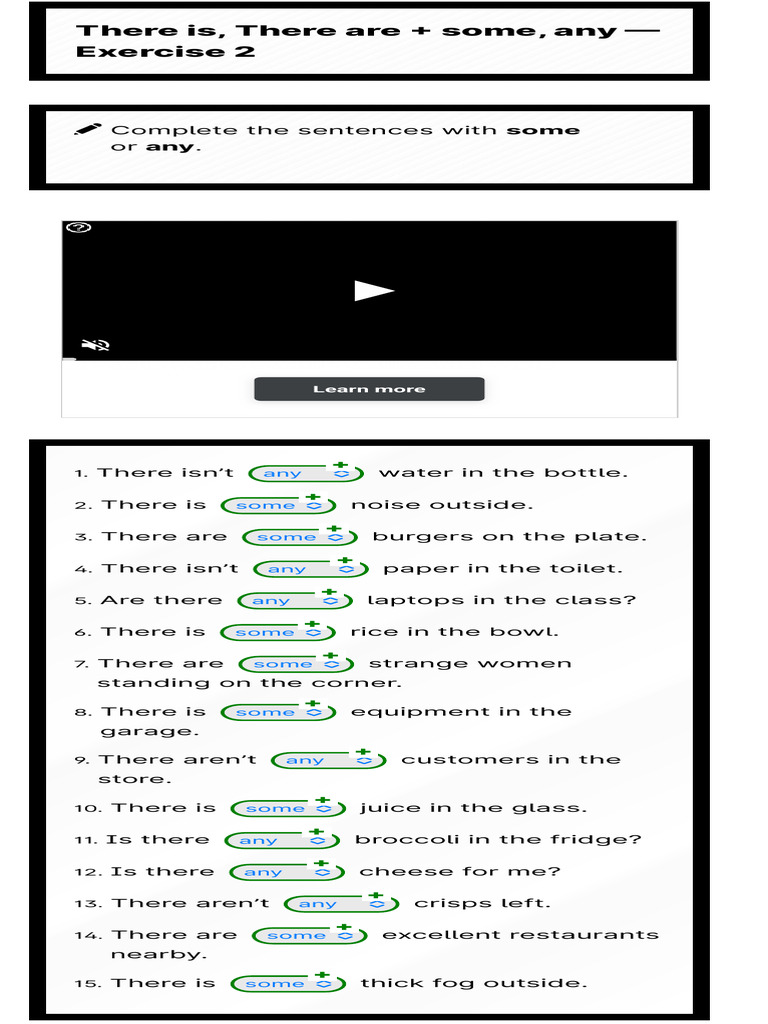 There Is, There Are + Some, Any - Exercise 2 English Grammar Exercises ...