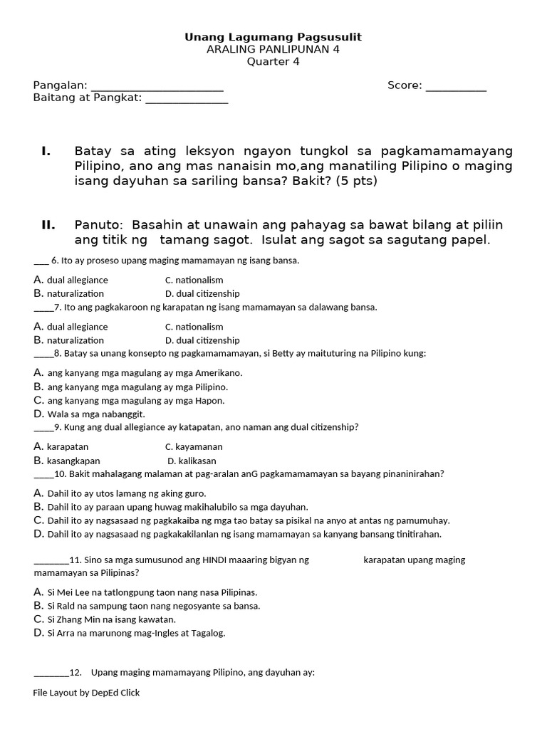 Unang Lagumang Pagsusulit Q4 | PDF